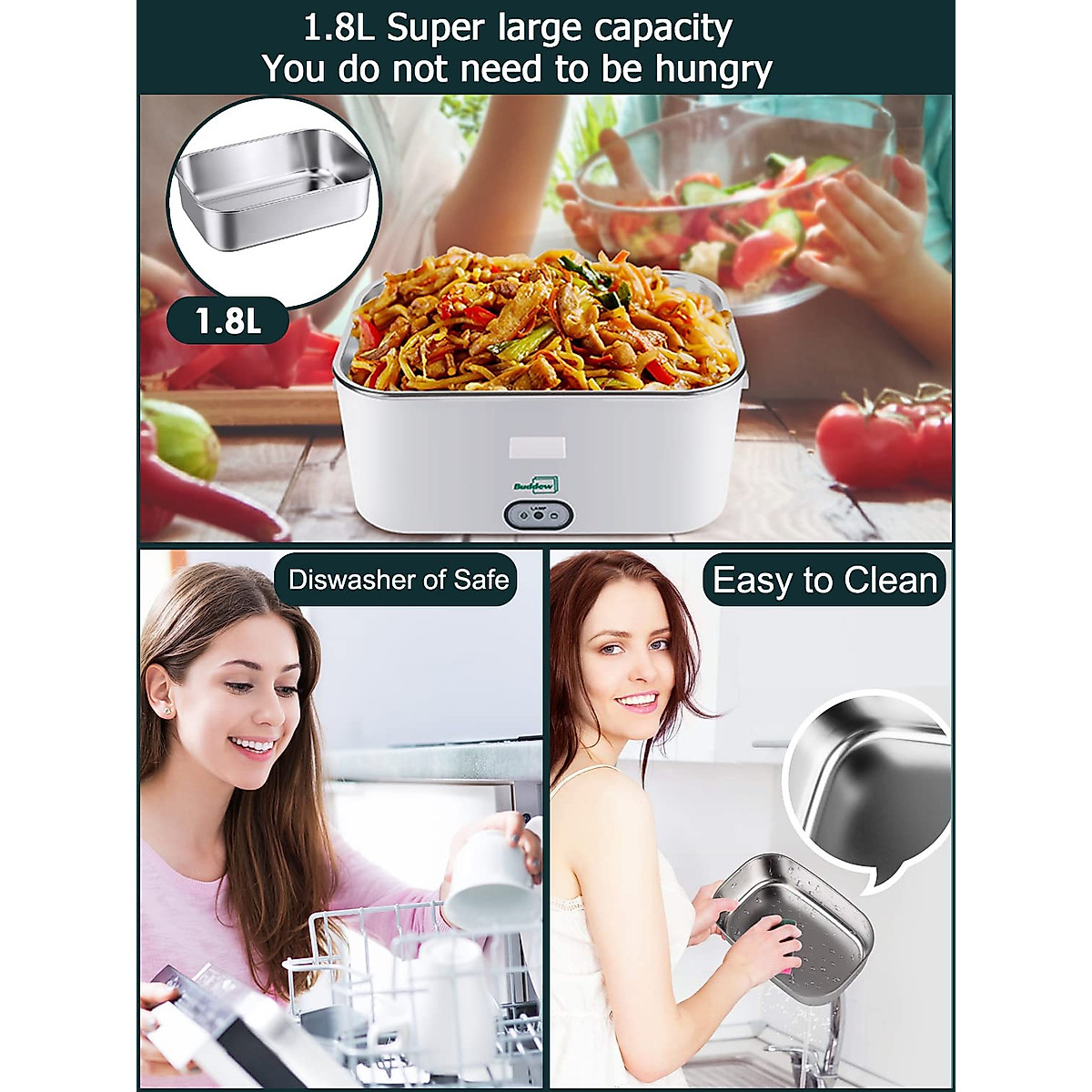 Buddew Electric Lunch Box 70W Food Heater 3 in 1 12V/24V/110-230V Portable Lunch Warmer (1.8L Large-Capacity) Heated Lunch Box for Car/Truck/Home/Office with Carry Bag and Fork and Spoon (Gray)