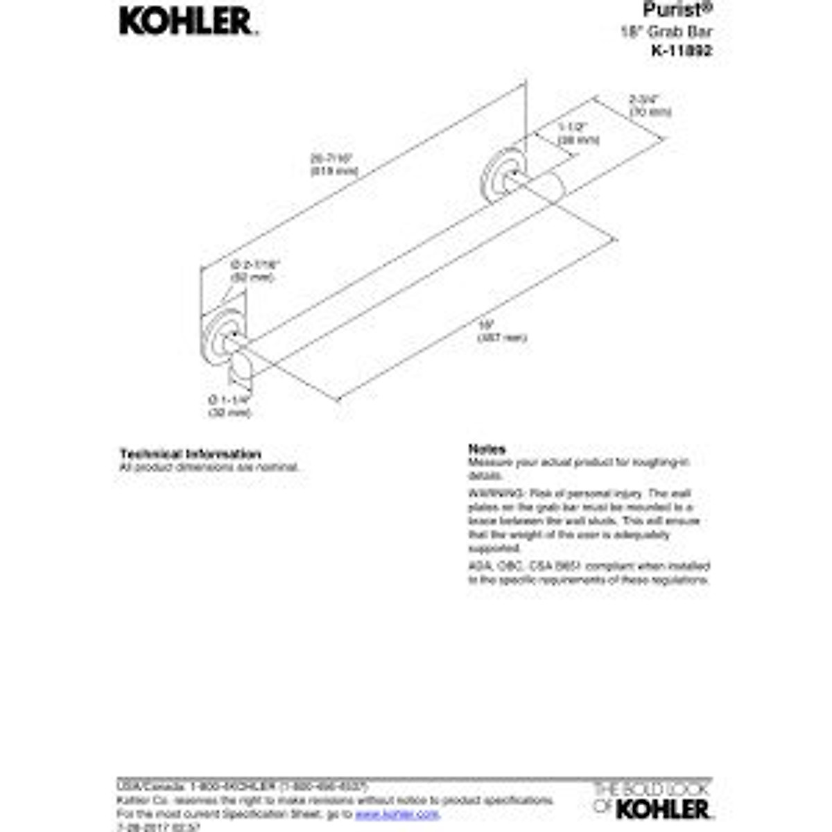 KOHLER 11892-S Purist 18" Grab Bar for Bathtubs and Showers, Wall-Mount Grab Bars for Bathroom, Polished Stainless