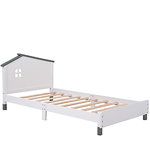 Merax Kids Mordern House Beds Frame Twin, Wood Low Bed for Boys,Girls, No Box Spring Need (Twin, White+Gray)
