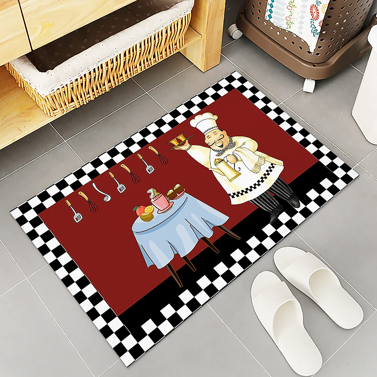 Kitchen Rugs and Mats Chef Kitchen Gourmet Black White Buffalo Plaid Floor Mats Non-Slip Doormat Washable Kitchen Runner Rug for Kitchen Home Office Sink Laundry (2 Piece, 19.7"x31.5"+19.7"x63")