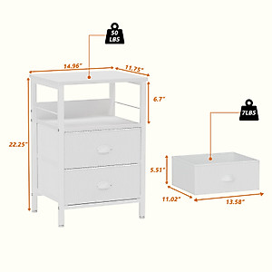 Furologee Nightstands Set 2, End Table with 2 Fabric Drawers, Bedside Table with 2 Hooks, Open Wood Shelf Side Sofa Table for Bedroom/Living Room/Hallway/White