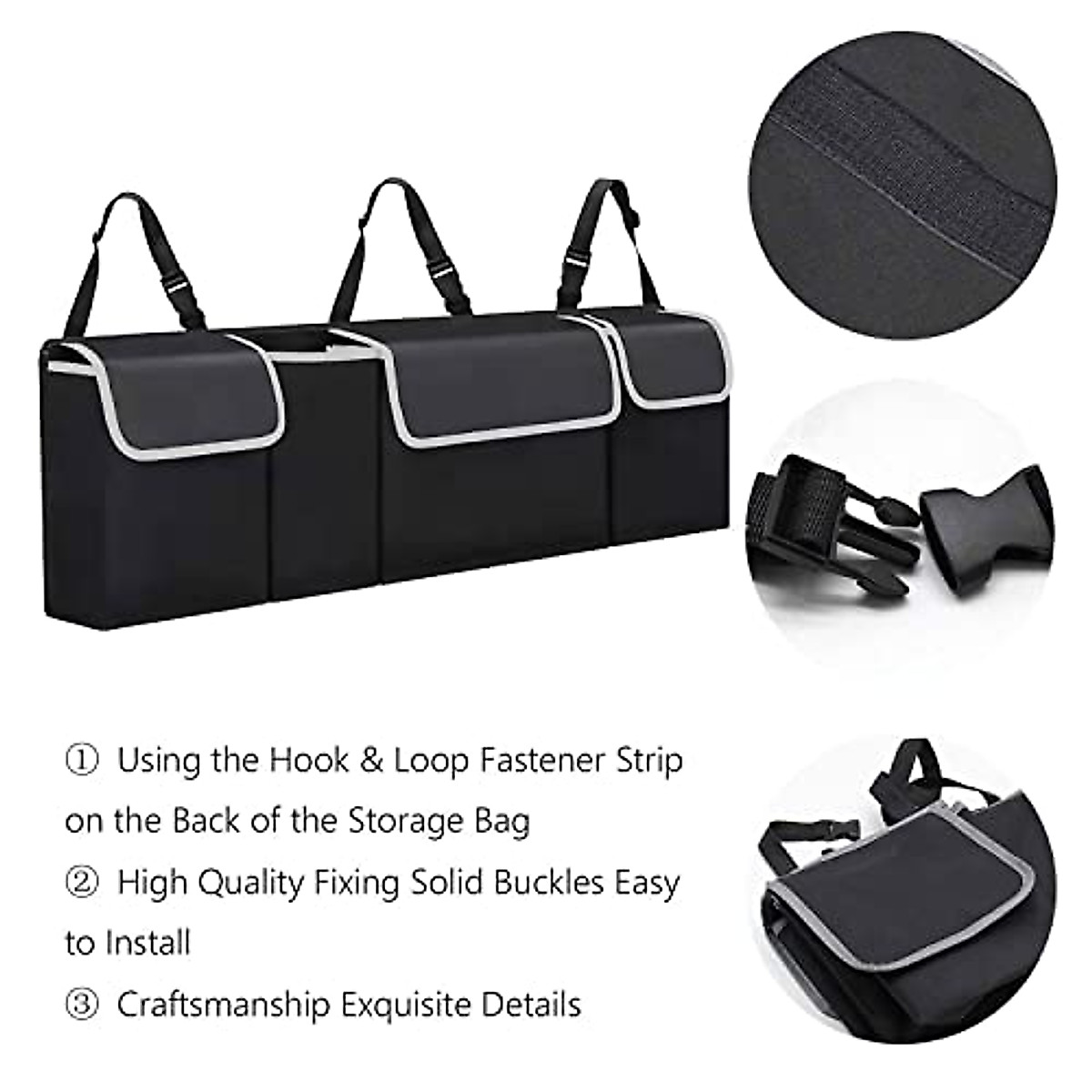 KLEVERISE Car Trunk Hanging Organizer, Backseat Storage Bag 3 Adjustable Shoulder Straps Foldable Car Trunk Grocery Organizer Accessories for Car SUV Van