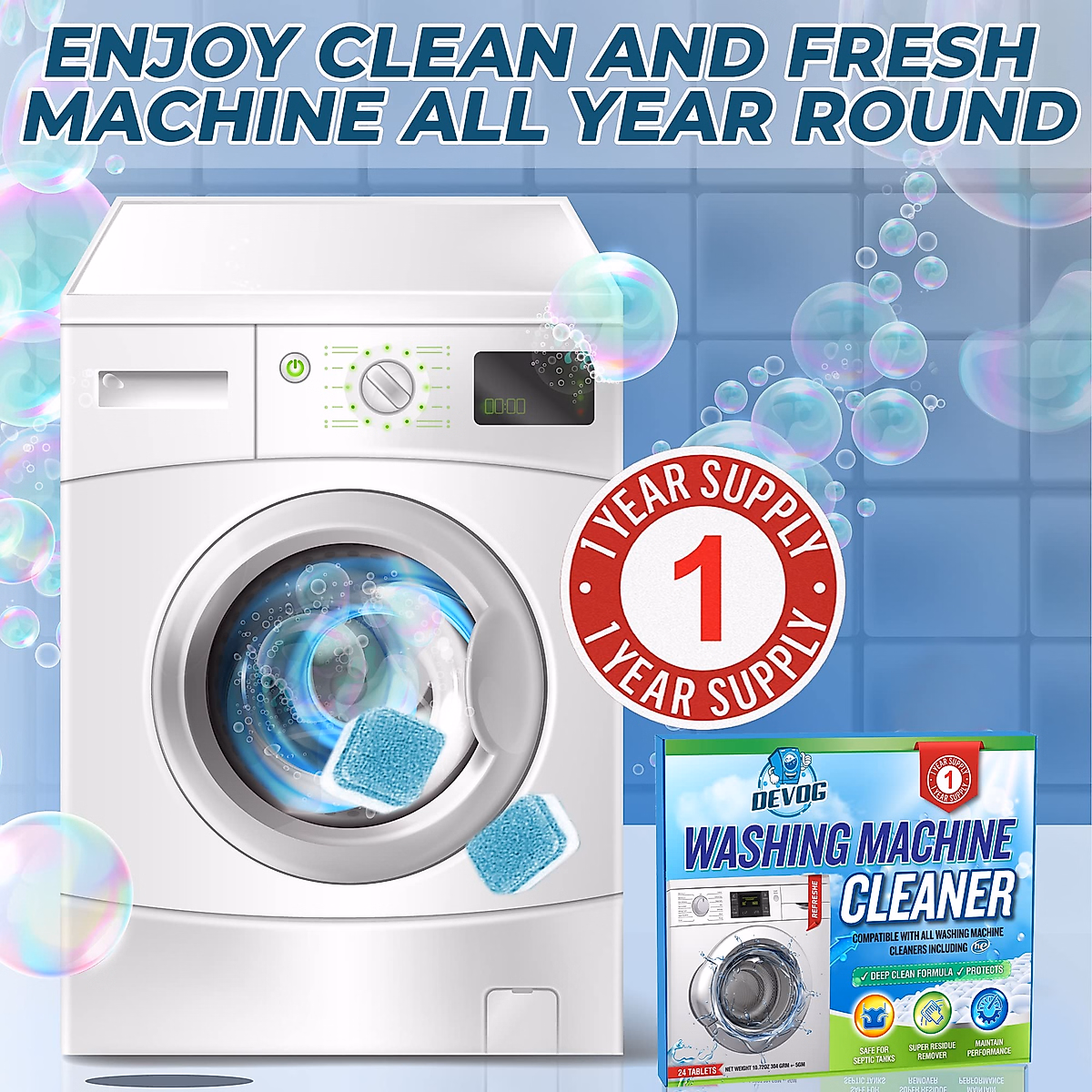 DEVOG Washing Machine Cleaner Tablets, 24 pcs Washer Machine Cleaner with Deep Cleaning Formula, 1 Year Supply, Washer Cleaner for Front Loader, Top Loader and HE
