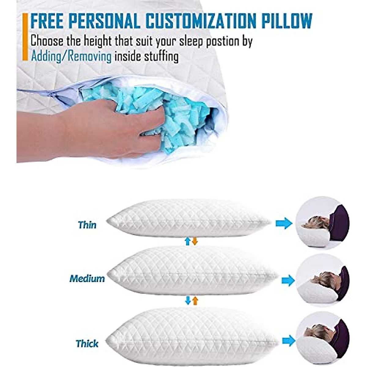 Shredded Memory Foam, Sleeping,Bed Pillows Queen Size Set of 2 Pack Cooling Adjustable,Good for Side and Back Sleeper with Washable Removable Bamboo Cover