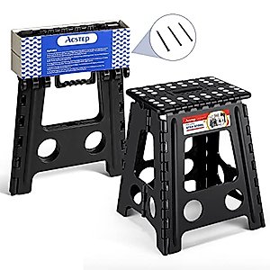 ACSTEP Folding Step Stool 16 Inch Stool Heavy Duty Plastic Foldable Step Stools for Adults and Kids, Stepping Stool with Handle, Folding Stool Suitable for Kitchen Hold Up to 400lbs (Black 1PC)