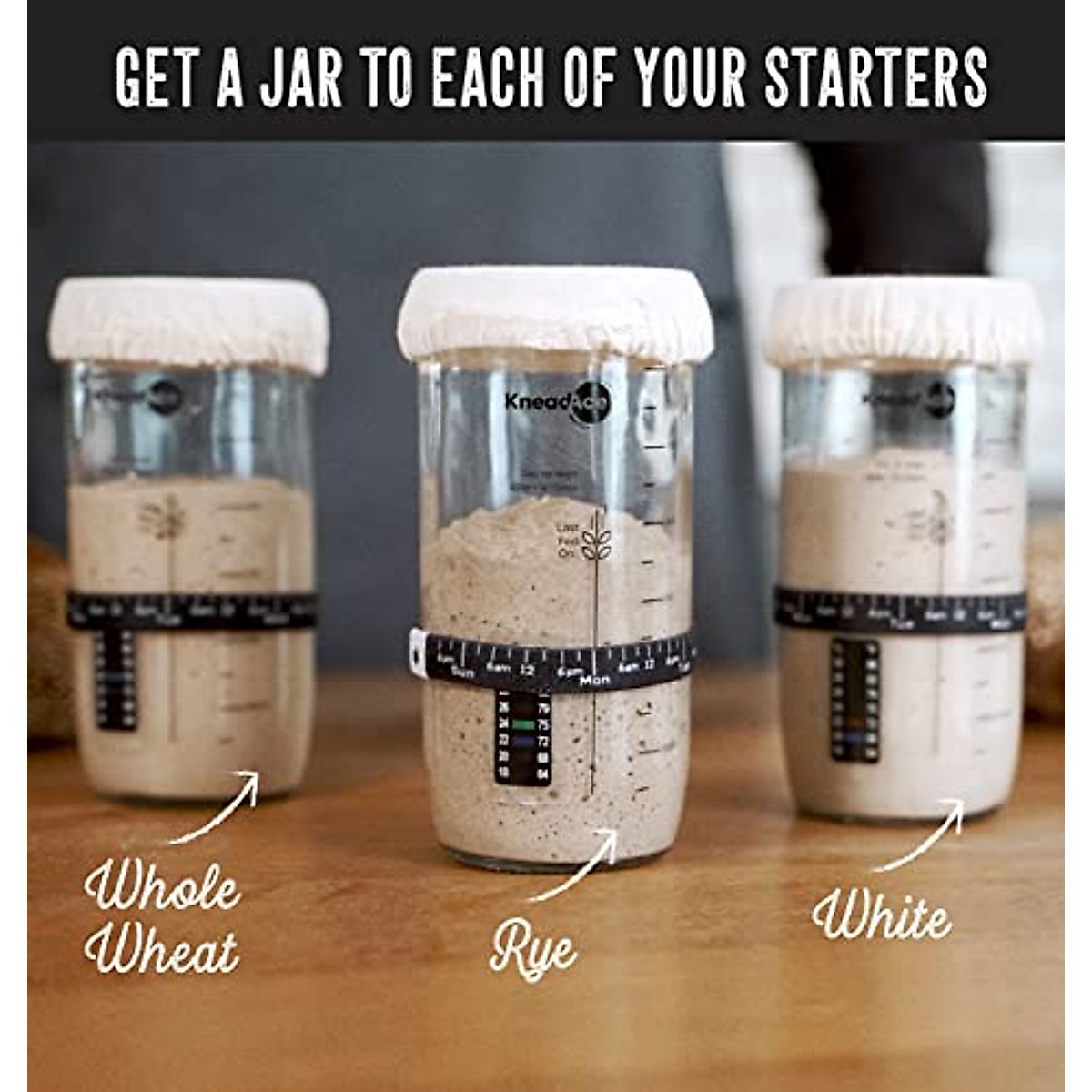 KneadAce Sourdough Starter Jar With Date Marked Feeding Band, Thermometer, Sourdough Jar Scraper, Sourdough Container Sewn Cloth Cover & Metal Lid, Sourdough Starter Kit For Sourdough Bread Baking