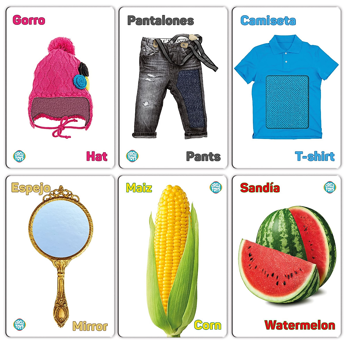 My Touch and Feel English Spanish Bilingual Picture Double Sided Sensory Flash Cards for Infant, Toddlers, Kids, Learn Animals, Fruits, Objects and Vehicles, Fun Learning and Educational Flashcards