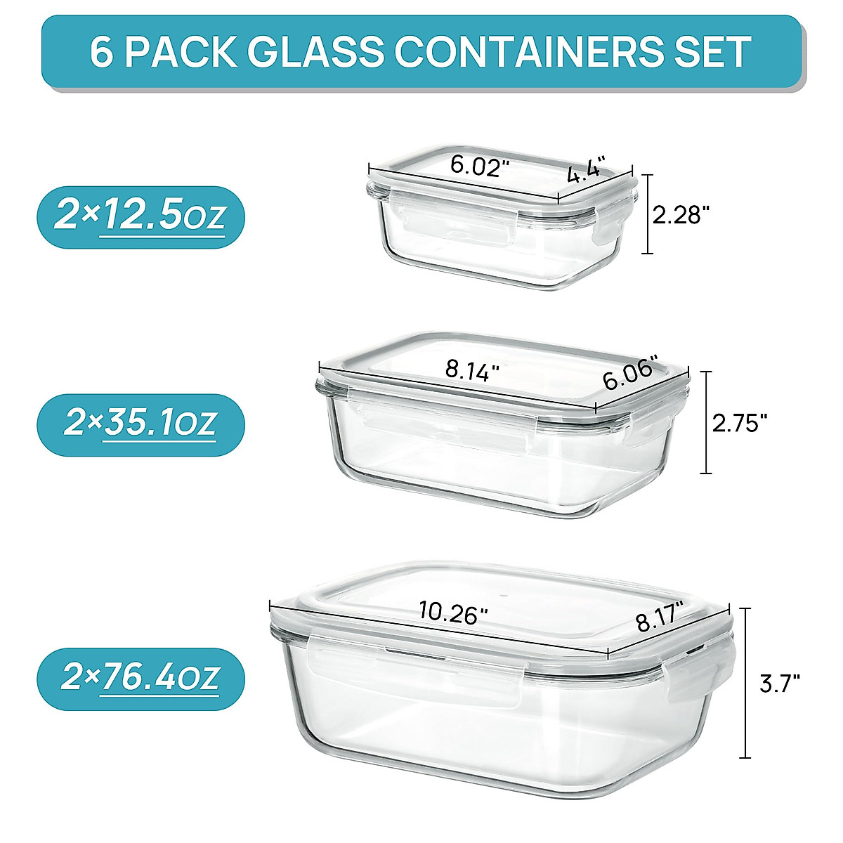 Vtopmart 2.26L/76oz Extra Large Glass Food Storage Containers with Lids, 6 pack Meal Prep Container Set, Airtight Container Bento Boxes with Snap Locking Lids for Microwave, Oven, Freezer, Dishwasher