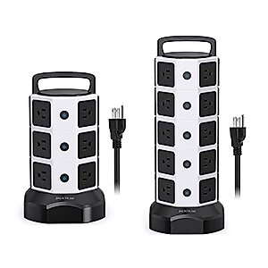 Power Strip Tower Surge Protector 1050J, JACKYLED 20 AC Outlets 6 USB Ports, 3000W 13A Desktop Electrical Charging Station, 6.5ft Heavy Duty Extension Cord, for Home, Office, Garage, White Black