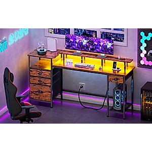 Furologee Computer Desk with 4 Drawers, 60" Office Long Desk with Fabric File Cabinet and Power Outlets, Gaming Desk with LED Lights, Study Writing Work Desk for Home Office, Rustic Brown