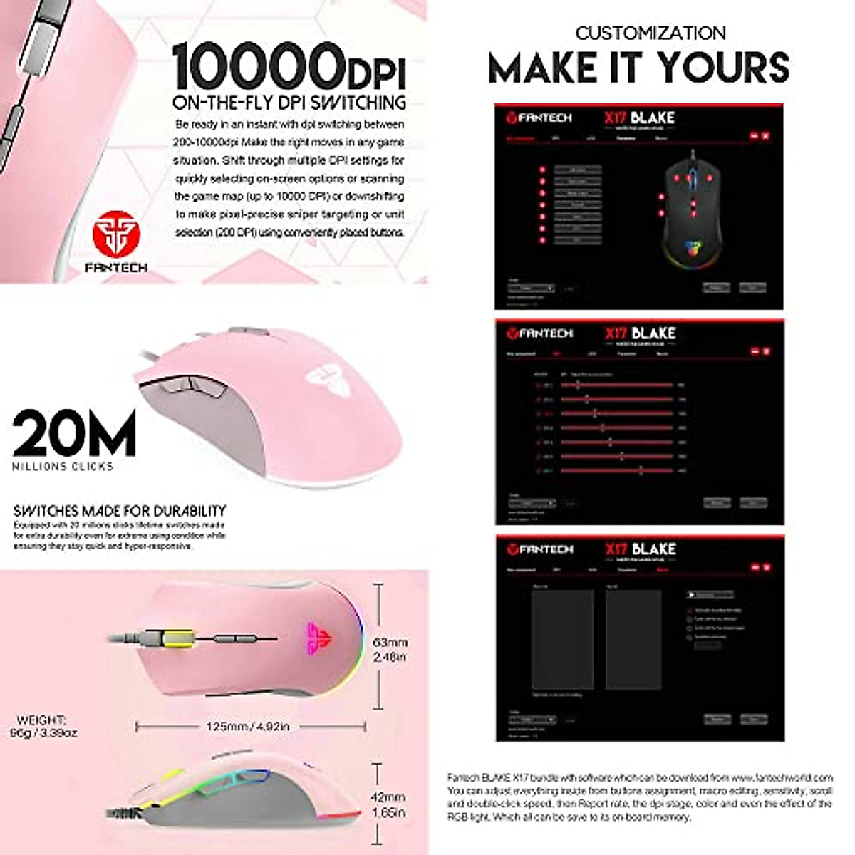 Fantech P31SE Pink Gaming Keyboard and Mouse and Large Mouse Pad Combo, Wired RGB Backlit Mechanical Keyboard with Wrist Rest and RGB Gaming Mouse and Desk Pad(31.5×12in) Bundle, Blue Switch (Clicky)