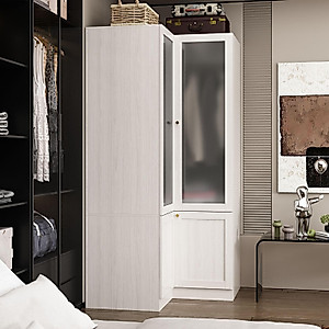 MOUMON Corner Wardrobe Closet with 2 Glass Doors, Armoire Wardrobe Closet with Hanging Rod, for Bedroom Wood Grain (16.3+19.1”W x 19.1+16.3”D x 70.9”H)