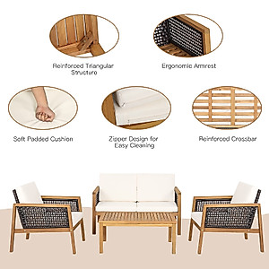 PATIOJOY 4 Pieces Outdoor Acacia Wood Furniture Set, PE Wicker Conversation Set with Coffee Table and Soft Cushions, Sofa for Garden, Poolside and Backyard (1, Off White)
