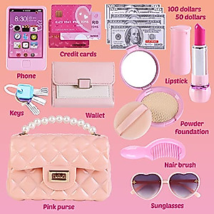 Princeplay Purse Makeup Toys For Girls - Toddlers Kids Bag Cute Baby Little Pink Cell Phone Cosmetic Lipsticks Princess Play Money Jewelry Credit Card Accessories Birthday Gifts 3 4 5 6 7 8+ Years Old