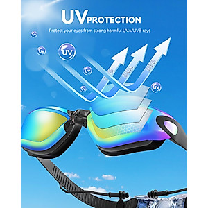 POOLWALD Swim Goggles Set 6 in 1, Anti-Fog Swimming Goggles with Nose Clips, Earplugs, Swim Caps and Waterproof Phone Bag, No Leaking Full Protection for Adult Men Women Youth