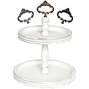 2 Tiered Tray Wooden Serving Stand by Felt Creative Home Goods. Small Shabby Chic Beaded Tray for Home Decor Display Farmhouse Country Decoration Kitchen or Dining. Includes 3 Custom Handles (White)