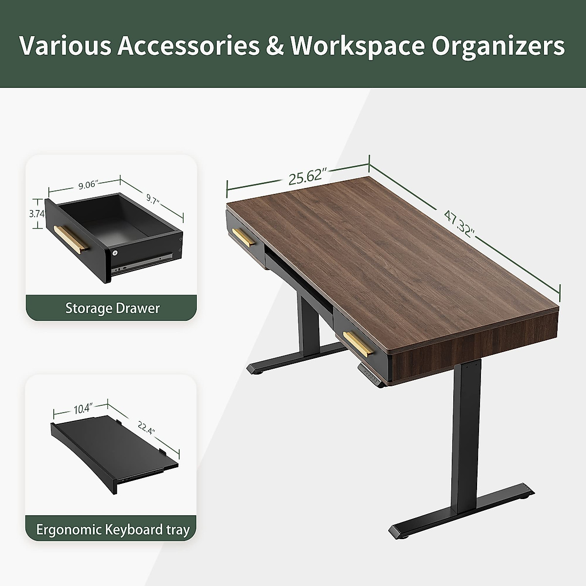 FEZIBO 48" x 26" Mid-Century Modern Electric Standing Desk with 2 Drawers & 1 Keyboard Tray, Whole-Piece Stand Up Home Office Desks, Vintage Top/Black Frame (2 Packages)