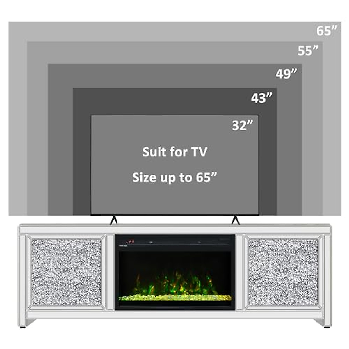 ENENE Mirrored TV Stand with Fireplace-10 Colors Changing Crystal Electric Fireplace tv Stand for 65 inch TV Electric Fireplace Entertainment Center for Living Room (Remote Control & 3D Flame)