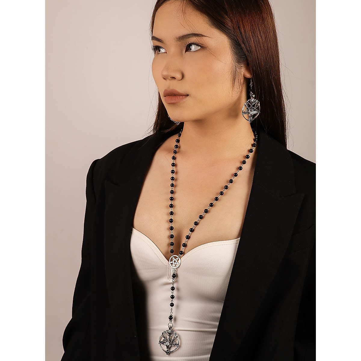 Sacina Gothic Baphomet Necklace, Pentagram Necklace, Long Bead Rosary Necklace, Goth Necklace, Halloween Christmas New Year Jewelry Gift For Women, Men