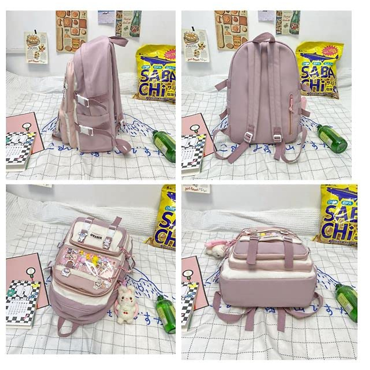 HomeSweety Aesthetic lovely cute Back to school pastel backpack with free kawaii cartoon pendant accessories pins for teen girls