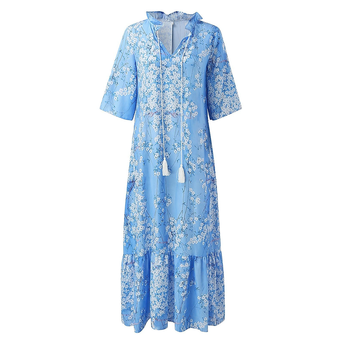 Cnebo New Women's Medium and Long Sleeve Dress with Tassels Wide Bohemian Print V Neck Length Sexy Summer Dresses for Women Blue