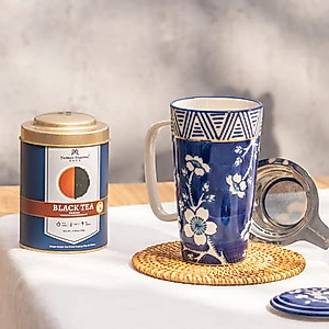 Taimei Teatime Ceramic Tea Cup with Infuser and Lid, 17 oz Tea Infuser Mug for Steeping Loose Leaf Tea with Handpainted Floral Pattern, Tea Mug with Infuser Basket, Women Office Home Gift