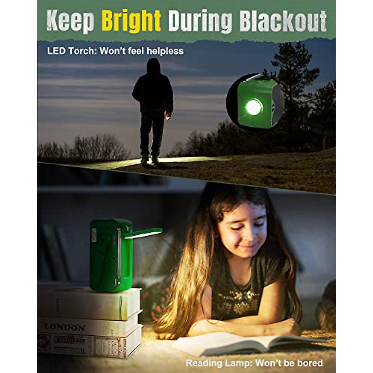 PRUNUS 3600mAh Emergency Radio Hand Crank/Solar/USB Charging, Bluetooth Speaker, Flashlight,Phone Charger,SOS Alarm, Power Bank, MP3,7 NOAA Weather Radio, Portable Radio Transistor AM FM