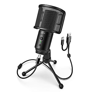 FIFINE USB Desktop PC Microphone with Pop Filter for Computer and Mac, Studio Condenser Mic with Gain Knob Mute Button Headphone Jack for Gaming Streaming Recording YouTube, Extra USB-C Plug-K683A