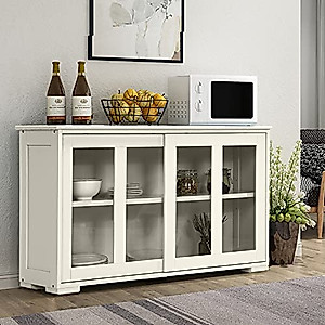 Costzon Kitchen Sideboard, Antique Stackable Storage Cabinet with Height Adjustable Shelf, Sliding Door Window, Wooden Cupboard Server Buffet Console Table for Home Dining Room Entryway (Cream White)
