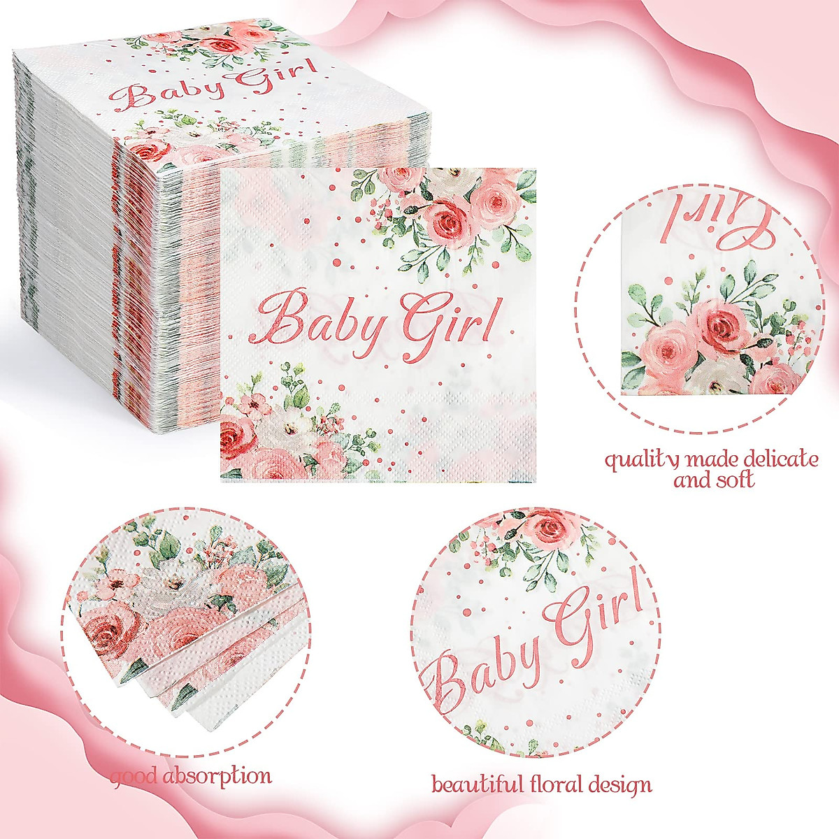 100PCS Baby Girl Napkins Disposable Baby Shower Napkins for Girl Baby Shower Paper Beverage Napkins Baby Girl Shower Party Decorations for Gender Reveal, Birthday, Bridal Shower Party Table Supplies