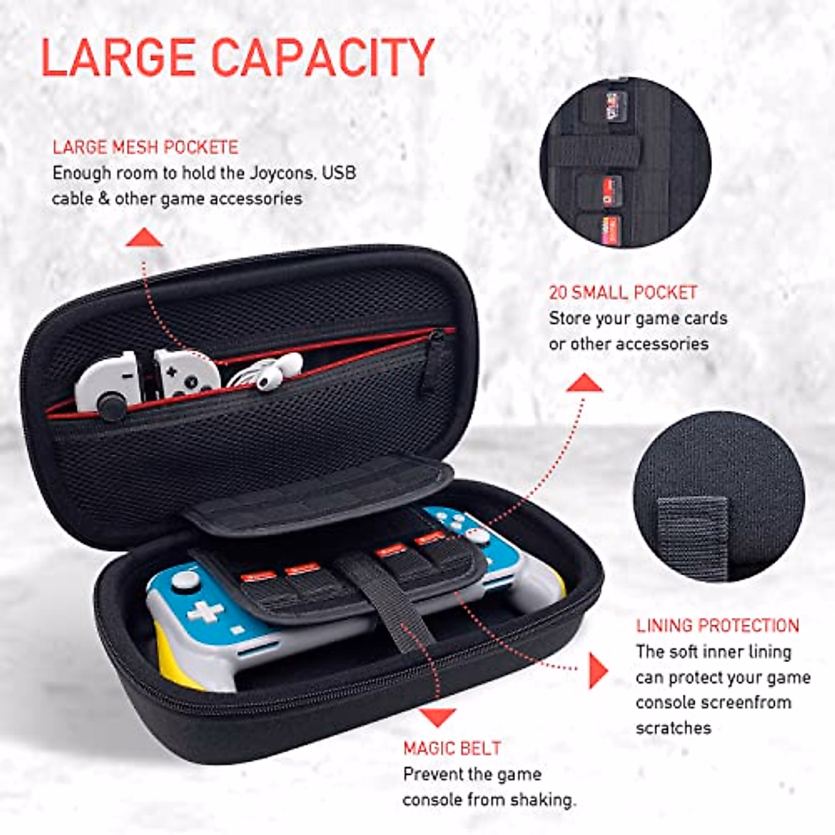 JUSPRO Carrying Case for Nintendo Switch / Switch OLED / Switch Lite, Unique Oxford Waterproof Design with 20 Game Card Slots & Accessory Pocket for Travel & Holiday Gifts