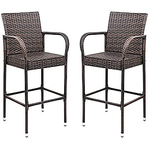 Homall Patio Bar Stools Wicker Barstools Indoor Outdoor Bar Stool Patio Furniture with Footrest and Armrest for Garden Pool Lawn Backyard Set of 2 (Brown)