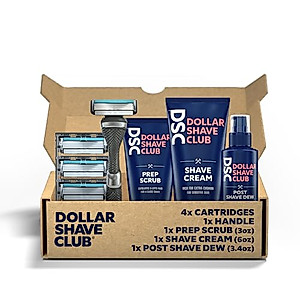 Dollar Shave Club | 4-Blade Ultimate Shave Bundle | Diamond Grip Club Series Razor Handle, 4-Blade Razor Cartridges, Prep Scrub 3oz, Shave Cream 6oz, Post Shave Dew 3.4oz