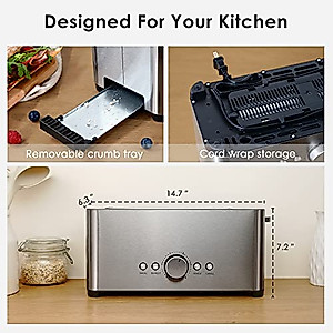 REDMOND Toaster 4 Slice, Stainless Steel Toaster With Bagel, Defrost, Reheat Function, Extra Wide Slots Long Slot Toaster, 6 Bread Shade Settings and Removable Crumb Tray, Silver