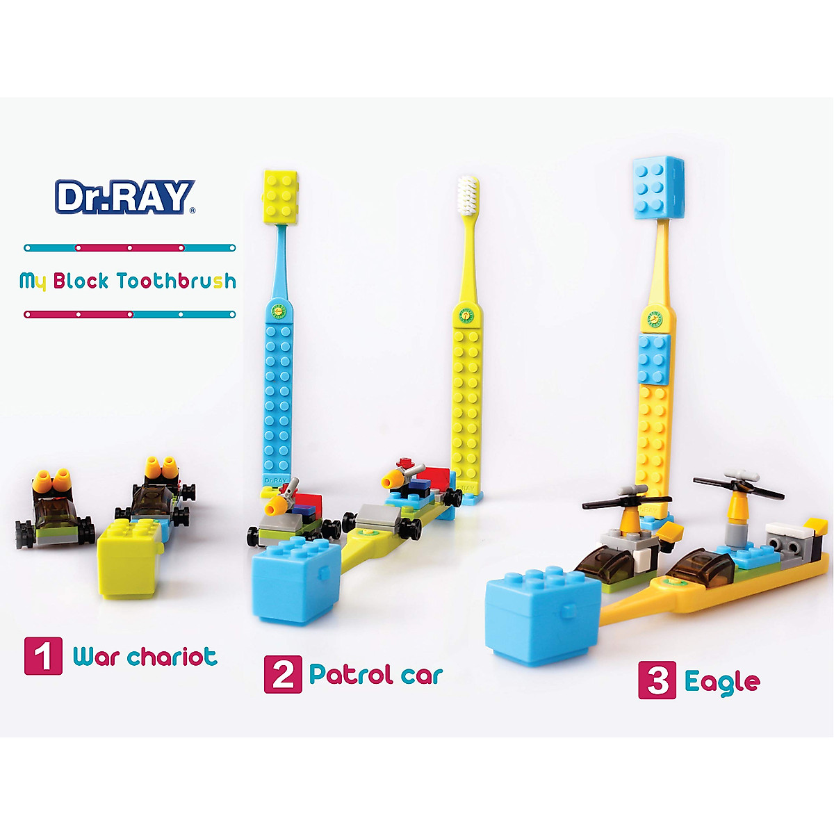 Dr.RAY Kids Toothbrush with Building Blocks and Toothbrush Covers, Extra Soft, Ages 6+ (Pack of 3, Multi-Colored)
