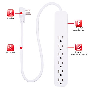 GE Power Strip Surge Protector, 6 Outlets, Flat Plug, 2ft Power Cord, Wall Mount, White, 40532 & Designer 1 Ft. Power Strip, 3 Grounded Outlets, Flat Plug, Mini Cord, Premium, White, 45190