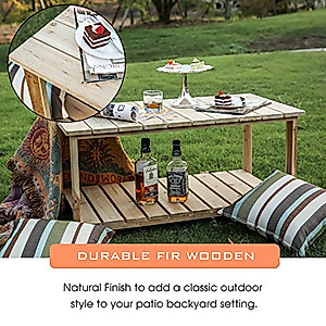 LOKATSE HOME Outdoor Coffee Table Natural Wood Patio Furniture with 2-Shelf Storage Organizer