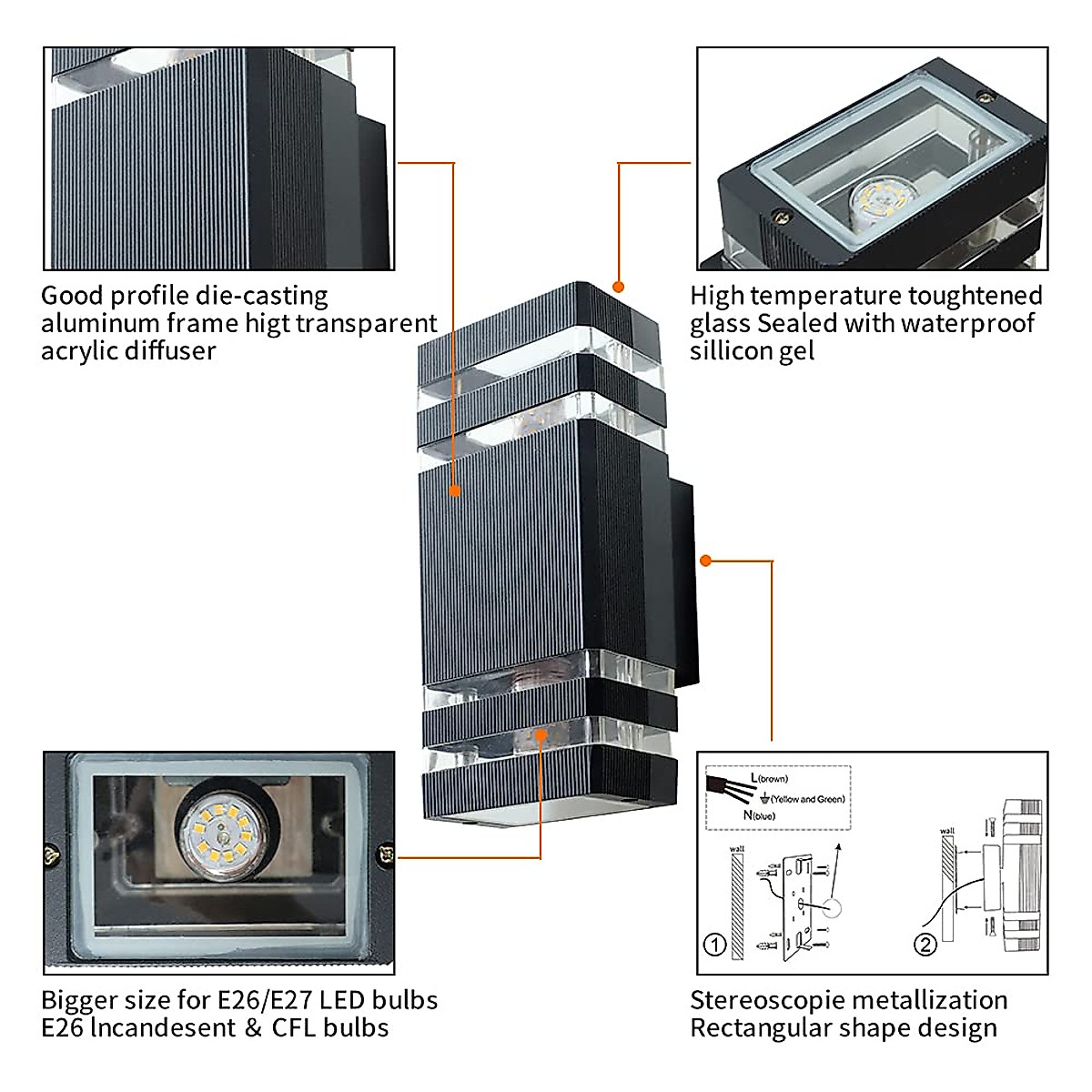 Tenlison 2 Pack Outdoor Wall Light Modern Waterproof Up Down Aluminum Cylinder LED Fixtures Dual Head Lamp With E26E27 Socket AC85-277V for Courtyard Garden Porch Corridor.(Including bulb), 2P