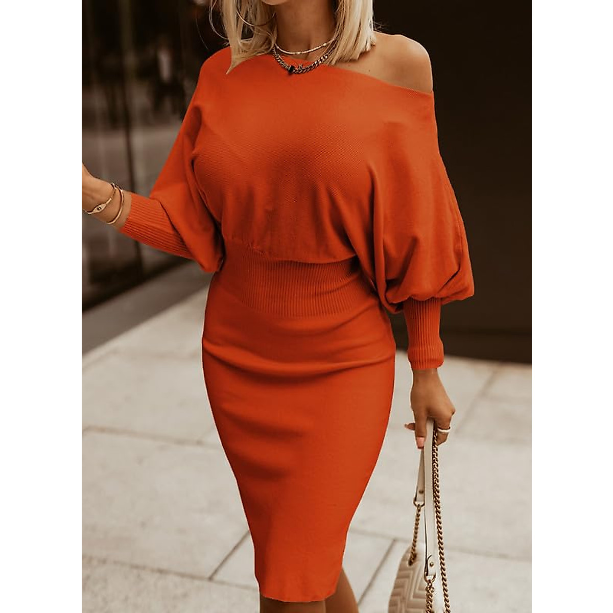 Dokotoo Womens Orange Sweater Dress Elegant Off Shoulder Long Batwing Sleeve Elastic Waist Bodycon Mini Dresses for Women Sexy 2024 Fashion Medium