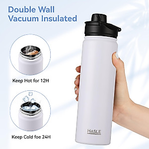 HASLE OUTFITTERS Insulated Water Bottle 22 oz Double Wall Stainless Steel Water Bottle Wide Mouth with Straw Lid & Spout Lid Keeps Cold or Hot(White,1)