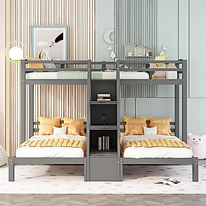 Bellemave Twin Over Twin Bunk Bed for 3, Wood Triple Bunk Beds with Stairs, 3 Bunk Beds with Storage for 3 Kids, Boys, Girls, Teens, Adults No Box Spring Needed (Gray)