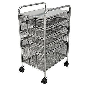 Rolling Carts with Wheels and Drawers, Metal Mesh 5 tier Rolling File Cart File Cabinet with Drawers Storage Cart, Silver