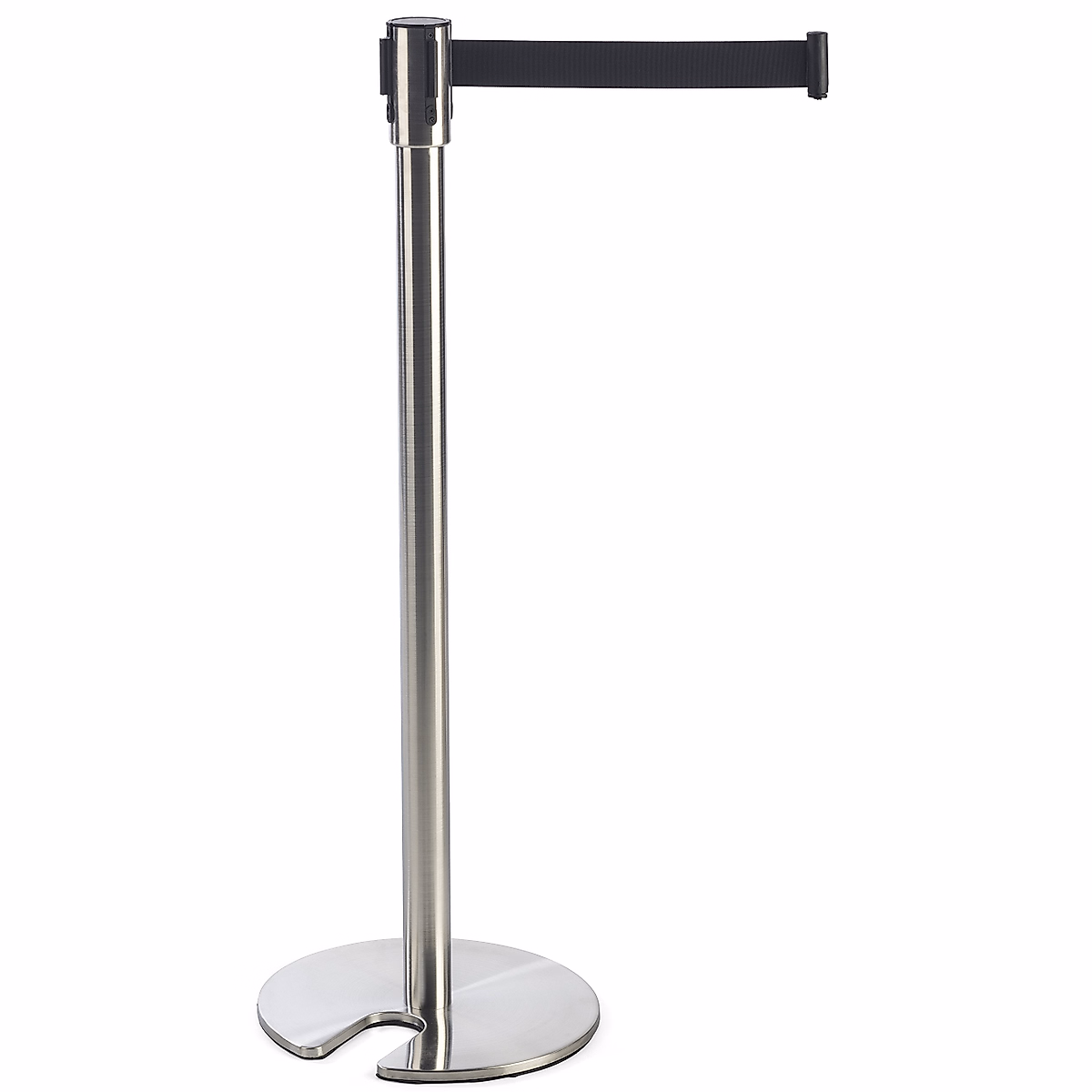 Displays2go Stackable Crowd Control Stanchion with 6.5' Retractable Belt and 4-Way Adapter, Silver Steel, Set of 2