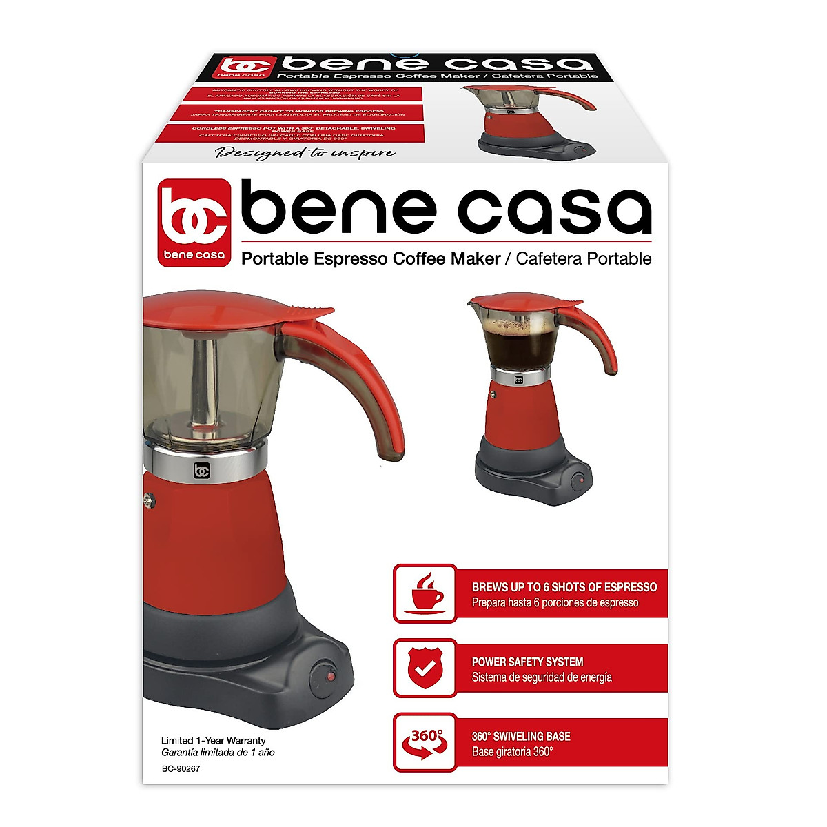 Bene Casa Red Portable Electric Espresso Maker 3 or 6 Cups/Cafetera Roja Portable Electrica Espresso de 3 o 6 Tasas
