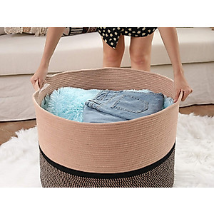 24" x 24" x 17" Max Size Large Cotton Rope Basket, Extra Large Storage Basket, Woven Laundry Hamper, Cloth Storage Bin, for Blankets Clothes Towels Pillows in Living Room, Beige Red/Black Mix