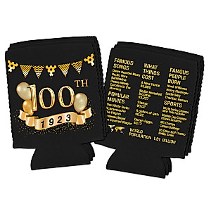 Yangmics 100th Birthday Can Cooler Sleeves Pack of 12-1923 Sign - 100th Anniversary Decorations - Dirty 100th Birthday Party Supplies - Black and Gold Seventieth Birthday Cup Coolers