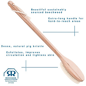 REDECKER Extra Long Beechwood Bath Brush - Natural Pig Bristle Body Brush for Showering, Back Scrubbing, Exfoliating, Dry Brushing and Lymphatic Drainage - Perfect for Hard-to-Reach Areas