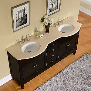 Silkroad Exclusive HYP-0717-CM-UWC-72 Cream Marfil Marble Stone Top Double Sink Bathroom Vanity with Cabinet, 72", Brown