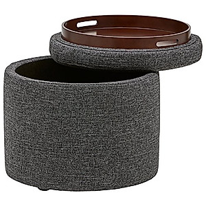 Amazon Brand – Rivet Madison Modern Round Lift-Top Storage Tray Ottoman Pouf, 19.7"W, Caviar