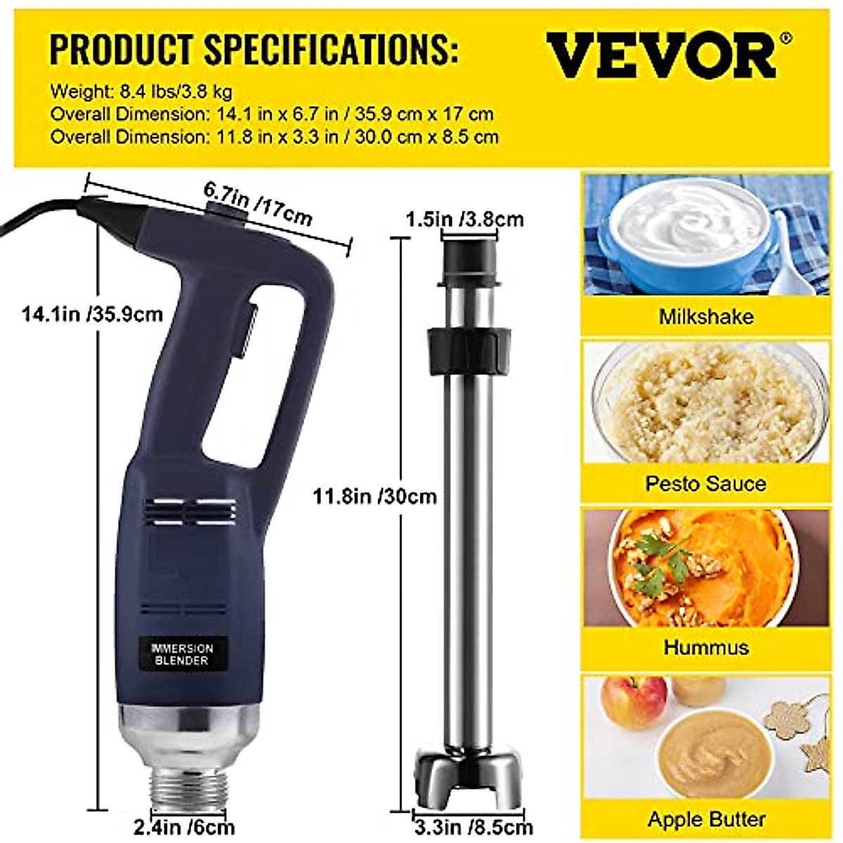 VEVOR Commercial Immersion Blender Constant Speed Heavy Duty Immersion Blender 350W Commercial Hand Mixer 304 Stainless Steel Hand Blender Commercial with 11.8" Removable Shaft for Kitchen Mixing